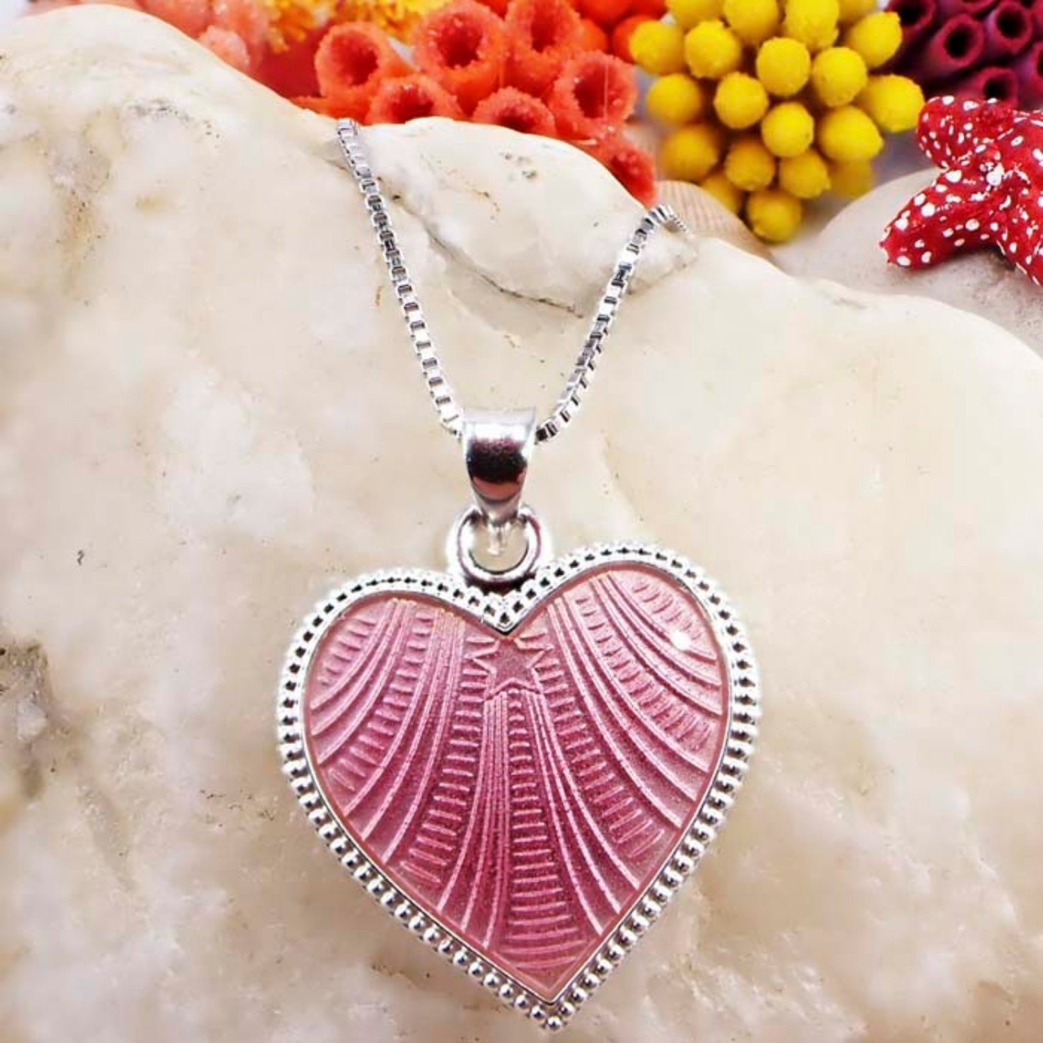 Smykke Rosa hjerte med Fader Vår i sølv, til barn | Ole Aas