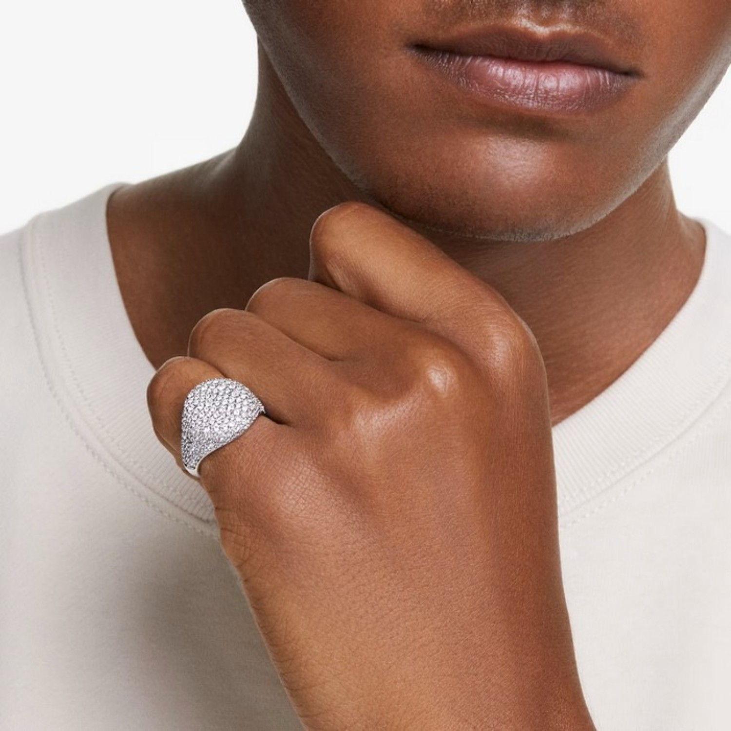 Swarovski Meteora cocktail ring, White, Rhodium plated| Ole Aas