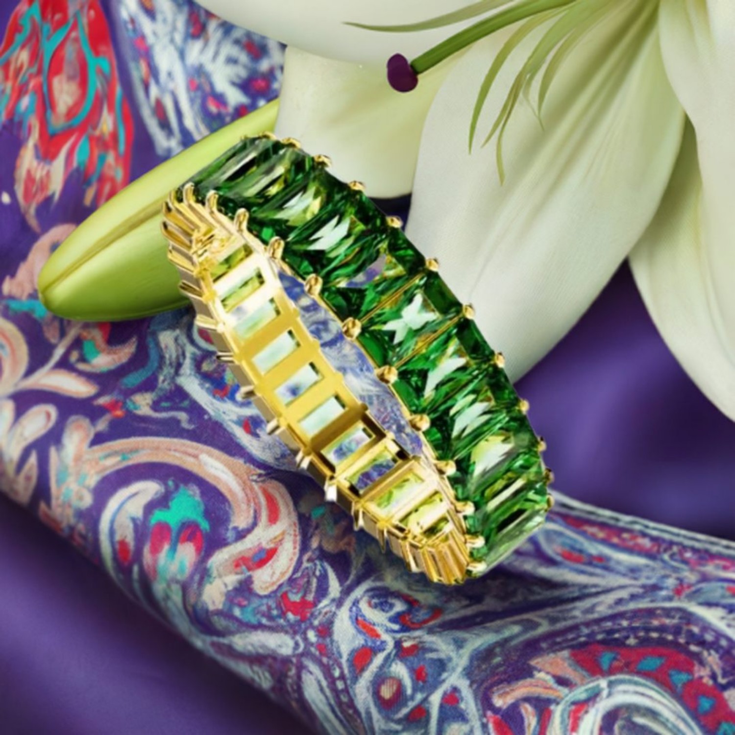 Swarovski Matrix ring Baguette cut, Green, Gold-tone plated| Ole Aas