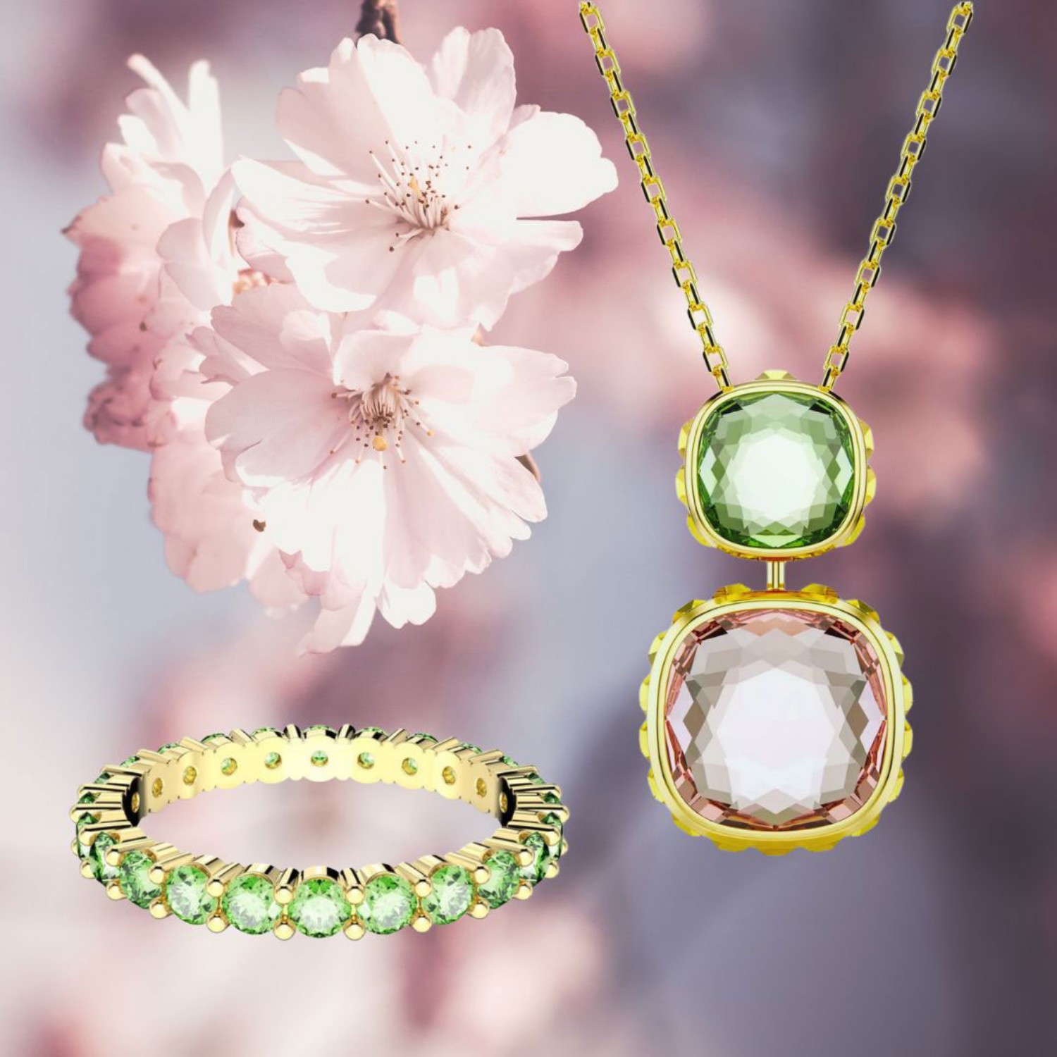 Swarovski Matrix ring Round cut, Green, Gold-tone plated | Oleaas